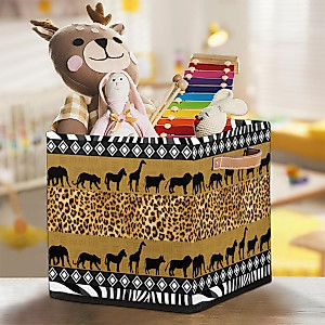 Mardesigns Leopard Print Animal 13 x 13 x 13 Inch Cube Storage Bins Bohemian Fabric Foldable Storage Cubes Basket Boxes with PU Handles for Shelves Closet Bedroom Organizer Clothes