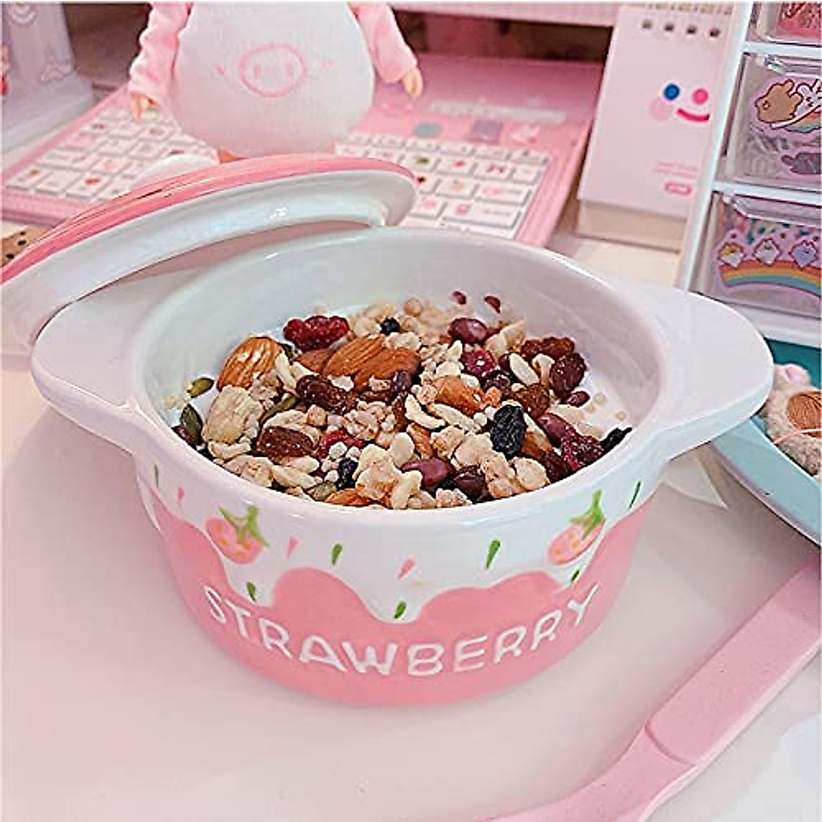 LELAKAYA Cute Strawberry Enameled Porcelain Bowl With Handle, Fruit Salad, Dessert, Rice, Cereal, Noodle, Breakfast Bowl WIth Lid, Household Tableware 6.18"X3.35"