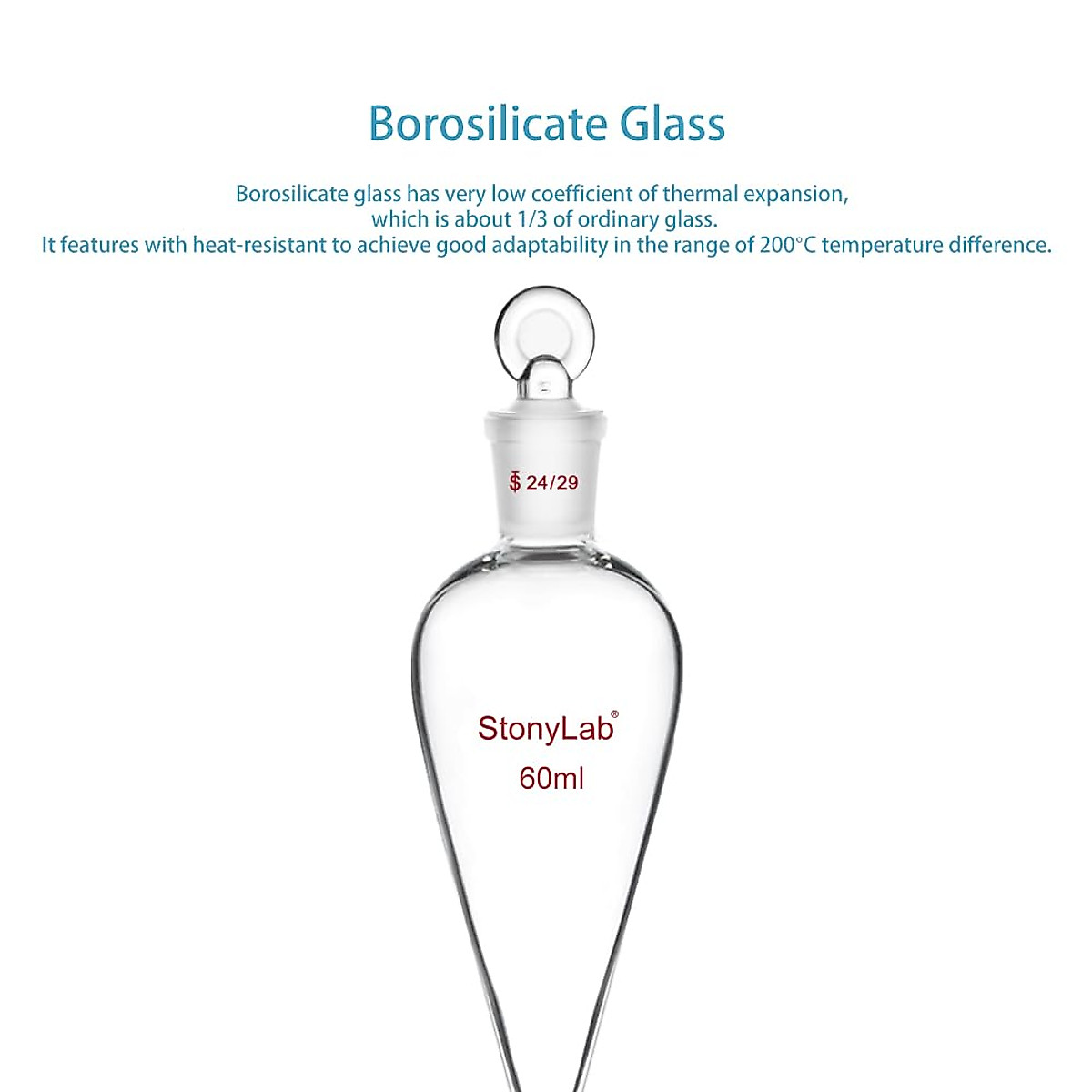 StonyLab PTFE Stopcock Separatory Funnel 60ml, Borosilicate Glass Heavy Wall Conical Pear-Shaped Separatory Funnel Separation Funnel with 24/29 Joint
