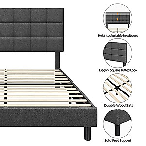 Yaheetech Upholstered Bed Frame, Platform Bed Frame with Square Tufted Fabric Headboard Height Adjustable, Mattress Foundation, Strong Wooden Slats Support, No Box Spring Needed, Dark Grey, Queen
