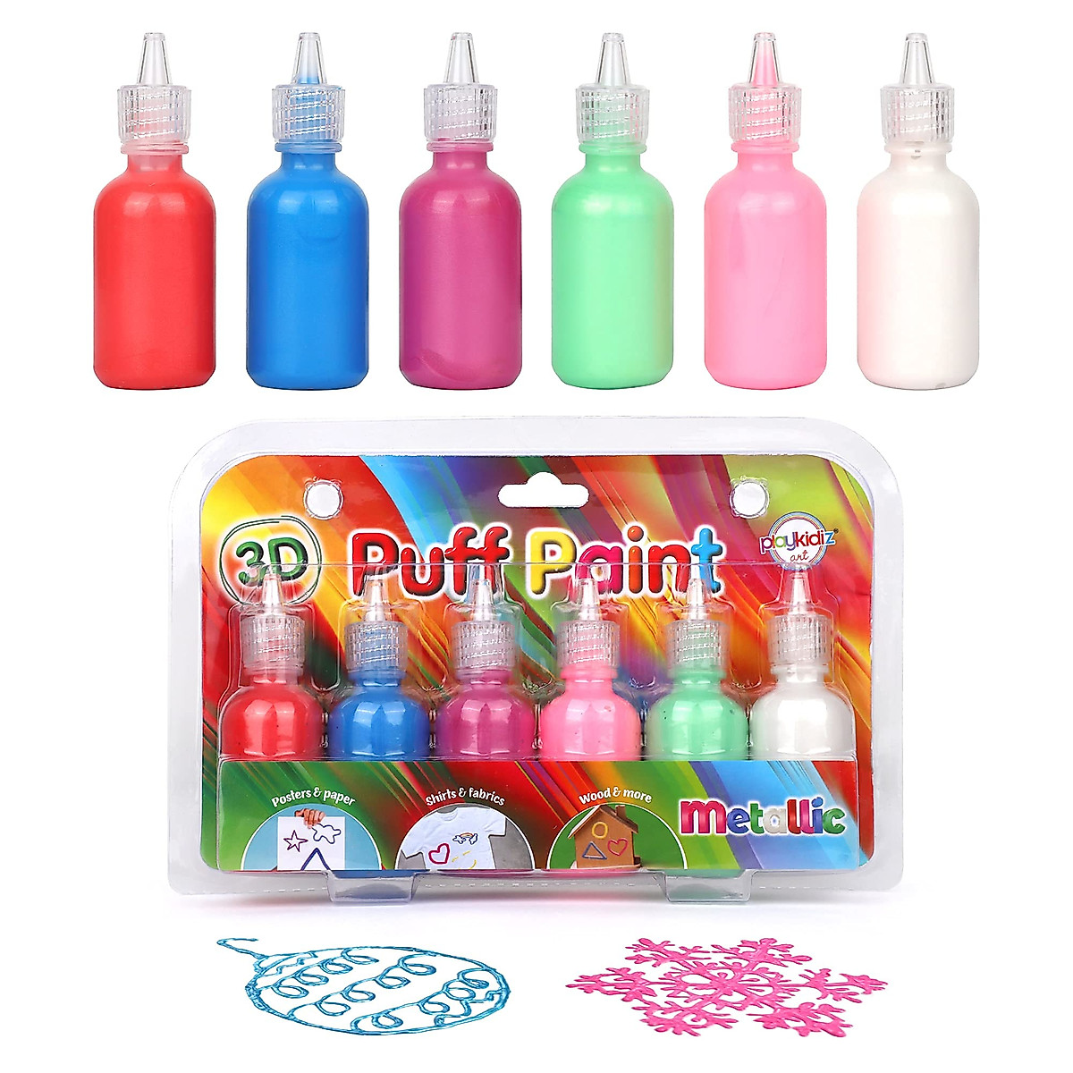 Playkidiz Puff Paint, 6 Pack 3-D Fabric Paint, Metallic Colors, Permanent Non-toxic Paint Set for Kids, Ages 3+