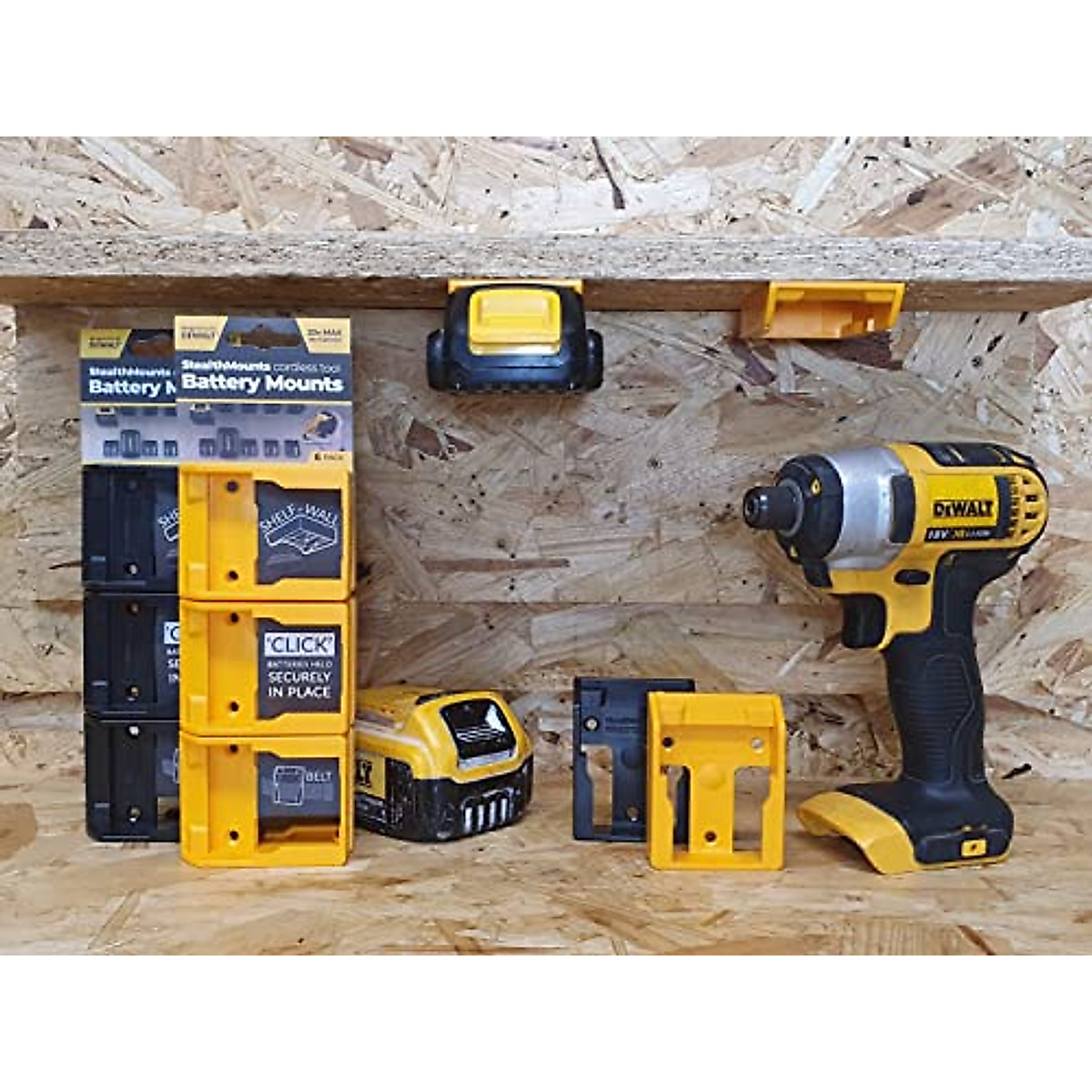 StealthMounts DeWalt Battery Holders 20v/60v | Cordless Battery Mounts for DeWalt Power Tools | 6 Pack | DeWalt Battery Organizers (Yellow)