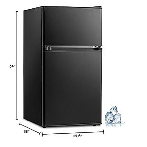 KOTEK Mini Fridge with Freezer, 3.2 Cu.Ft Compact Refrigerator/Freezer with 5 Level Adjustable Thermostat, Reversible 2 Doors & Removable Glass Shelves, Mini Fridge for Bedroom/Dorm/Office (Black)