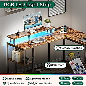 Huuger L Shaped Computer Desk with Power Outlets & LED Lights, Reversible Computer Desk with File Cabinet & Storage Shelves, Corner Desk Home Office Desk, Rustic Brown