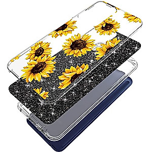 DDTKZC for Samsung A03s Case,Samsung A03s Phone Case, Tempered Glass Protector Lustre Pattern-Sparkle 3 in 1 Clear Shockproof Case for Samsung Galaxy A03s (Yellow Sunflower)