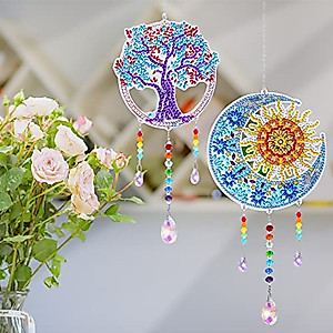 3 Pack Diamond Painting Suncatcher Window Hanging Ornament Crystal Window Garden Decor DIY Kits for Beginners Adult Kids -Tree, Moon, Heart