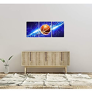 3 Panel Blue Lightning Basketball Camvas Wall Art Paintings for Boys Room Decals,Framed,12x16inchx3 (Blue Basketball)