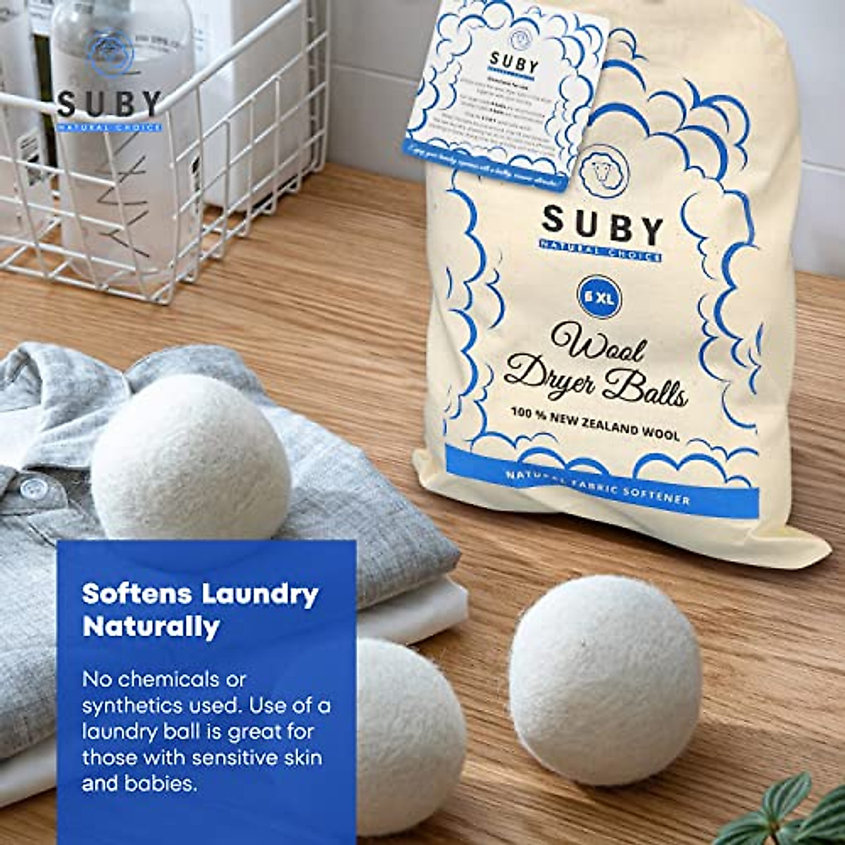 Wool Dryer Balls - Reusable Large Wool Laundry Balls for Dryer | Natural Fabric Softener, Saves Drying Time, Reduces Static and Wrinkles | Wool Balls for Dryer Replaces Dryer Sheets, Pack of 6