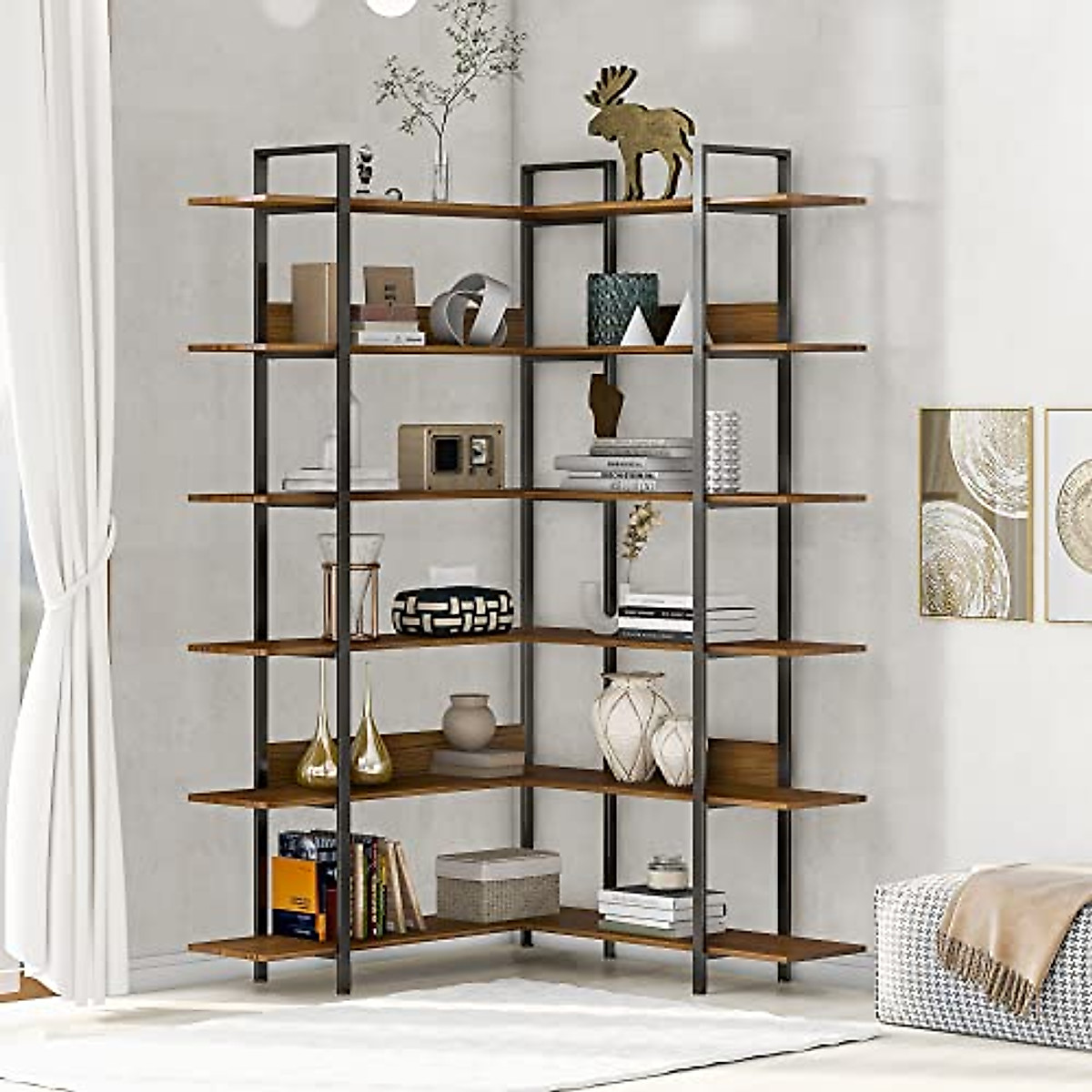 Corner Bookshelf 6-Tier L Shaped Bookcase, Industrial Home Office Open Storage and Display Rack Shelves, Metal Frame
