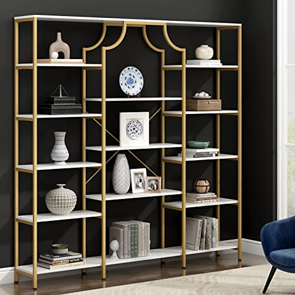 Loomie Triple Wide Bookshelf, 70.87" W/H Large Tall Etagere Bookcase, Modern 13-Open Shelves Geometric Bookshelf, Display Storage Metal Book Case, for Bedroom, Home Office & Living Room, Gold & White