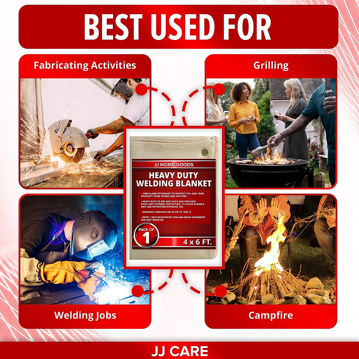 JJ CARE Welding Blanket - 1 Pack 4ft x 6ft Welding Mat - 850GSM Fiberglass Welding Blanket with Brass Grommets, Welders Blanket for Grill, Smoker Welding Blanket Heavy Duty, Welding Tarp & Shield