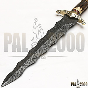 PAL 2000 KNIVES SW-8888 Handmade Damascus Steel 20 Inches Vivi Hunting Knife Stag Horn Handle with Sheath