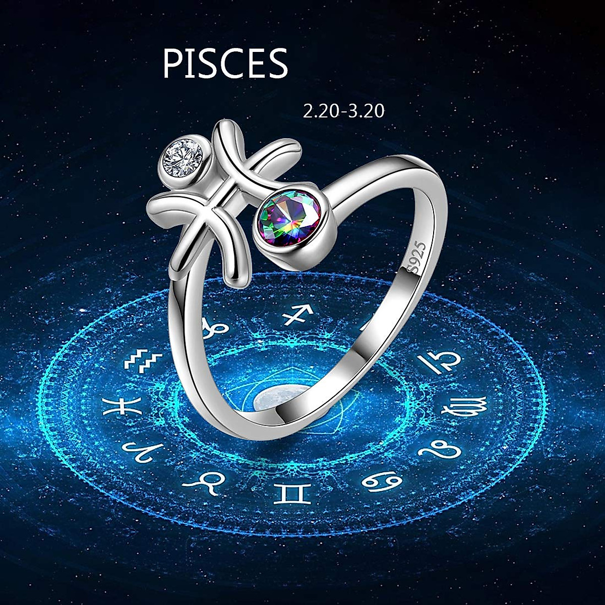 Aurora Tears Pisces Zodiac Rings Women 12 Constellation Horoscope Sign 925 Sterling Silver Mystic Rainbow Topaz Astrology Star Adjustable Birthday Gifts Fire Topaz Present DR0087Y