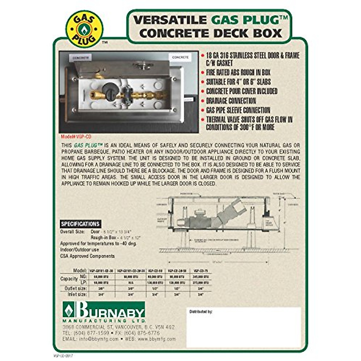 Burnaby Manufacturing VGP-CD-50 Concrete Deck Box Versatile Gas Plug, 1/2"