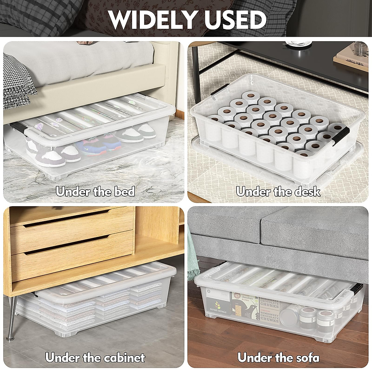 Tyminin 50 Quart Rolling Under Bed Storage Containers, 4-Pack 7.5 Inches Tall Low Profile Underbed Clothes Storage Organizer Bin with Sturdy Wheels, Clear