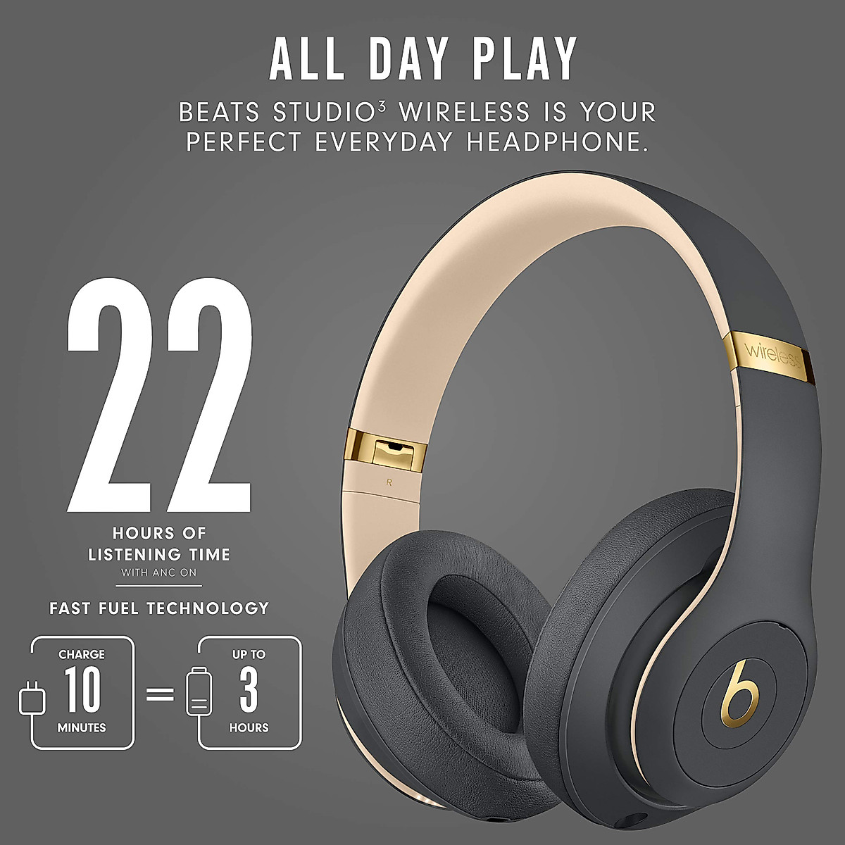 Beats Studio3 Wireless Noise Cancelling Over-Ear Headphones - Apple W1 Headphone Chip, Class 1 Bluetooth, 22 Hours of Listening Time, Built-in Microphone - Shadow Gray