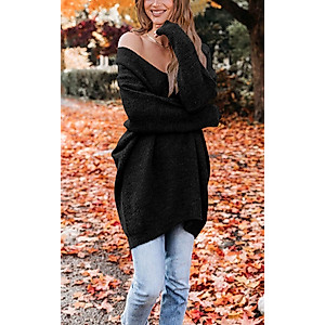 PRETTYGARDEN 2024 Casual Long Sleeve Sweater Dress V Neck Oversized Sweaters for Women Knitted Solid Long Pullover Jumper (Black,Small)