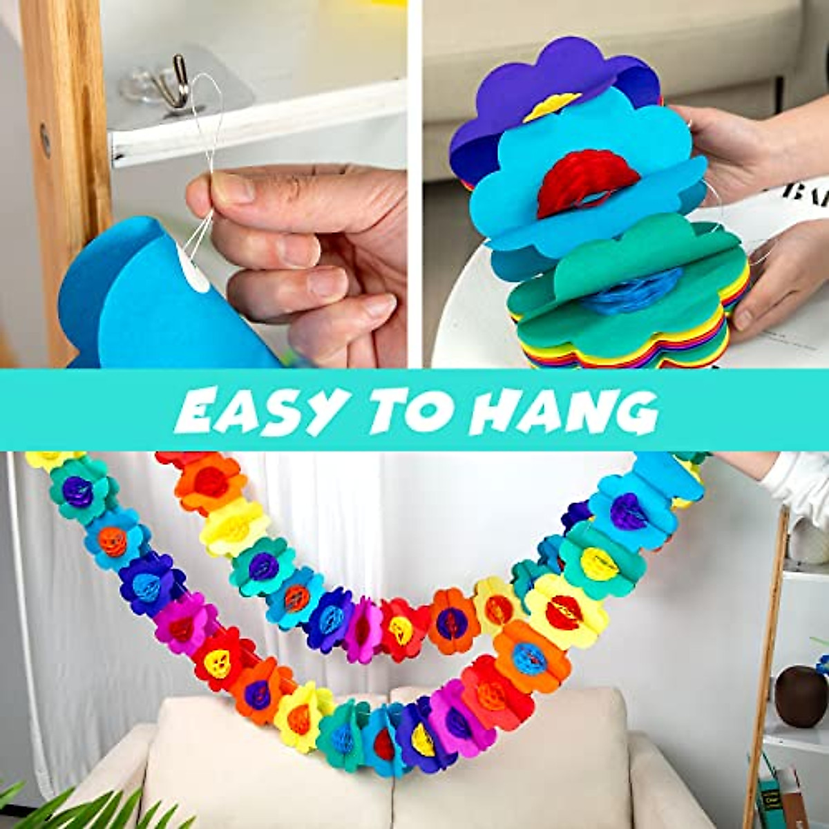 FUTUREPLUSX 3PCS Mexican Tissue Hibiscus Garland Flower Banners for Luau Party Fiesta Party Mexican Hanging Decorations