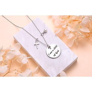 DAOCHONG Easter Gift Religious Jewelry 925 Sterling Silver I Am a Child of God Laser Engraved Round Plate Pendant Necklace with Cross Charm, 18 + 2 inches