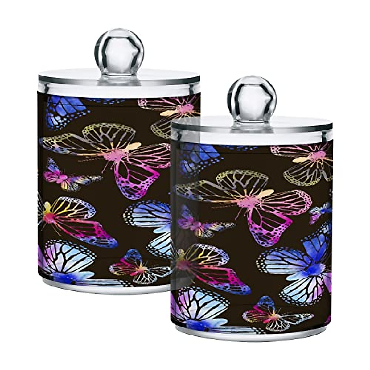 Kigai Colorful Butterfly Qtip Holder Dispenser - 14OZ Clear Plastic Apothecary Jars Food Storage Jar with Lids Bathroom Canister Organizer for Coffee, Tea, Candy, Floss (2Pack)