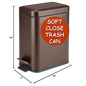 Homie Soft Close, Rectangular Trash Can 5L with Anti - Bag Slip Liner and Lid, Use as Mini Garbage Basket, Slim Dust Bin, or Decor in Bathroom, Restroom, Kitchen, or Bedroom (Bronze)