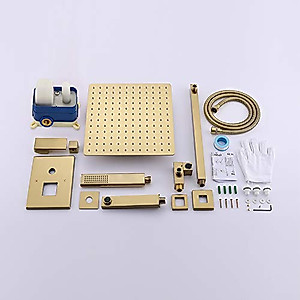 Iriber Champagne Bronze Rain Shower System with Waterfall Tub Spout 3 Function Brush Gold Shower Faucet Set Contain 12 Inch Shower Head and Handheld Brushed Brass Shower Trim Kit (Valve Included)