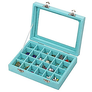 Ivosmart Velvet Glass Jewelry Ring Display Organiser Box Tray Holder Earrings Storage Case (Light Blue)