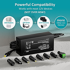 Basicvolt DC 12V 5A 1.5A 1.2A Power Supply, AC Adapter 100-220V to 12Volt 5Amp Replacement Cord Converter Transformer 5.5x2.1mm Plug for LED Strip Light DVD Player Security Cameras and 12VDC Devices