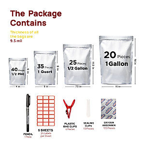 Mylar Bags for Food Storage,120 Pcs in 4 Sizes With 400cc Oxygen Absorbers, 9.5Mil Holographic Large Vacuum Resealable Zip Lock, Smell Proof Comes with Sealing & Food Clips, Labels & Pencil, Silver