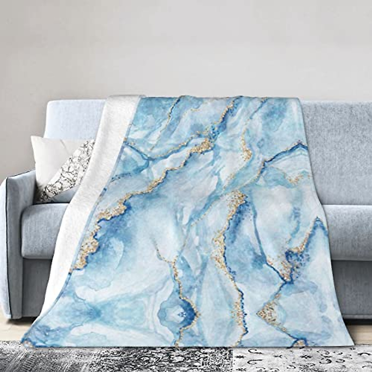 Perinsto White Blue Marble Throw Blanket Ultra Soft Warm All Season Decorative Fleece Blankets for Bed Chair Car Sofa Couch Bedroom 50"X40"