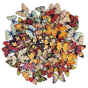 FINGOOO 100 PCS Butterfly Wooden Buttons,1 Inch Colorful 2 Holes Mixed Decorative Buttons for DIY Sewing&Wood Craft Clothes Accessories