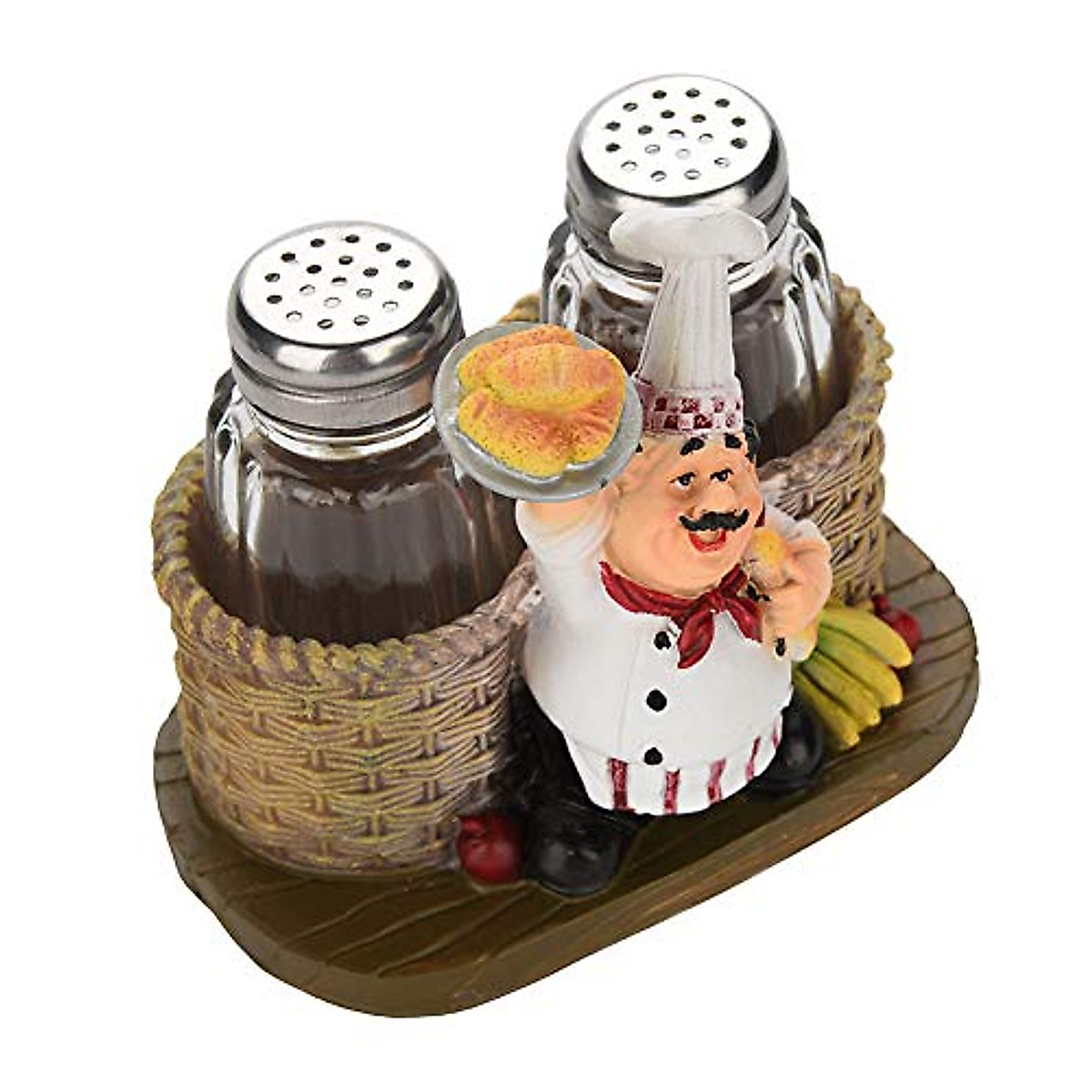 Salt and Pepper Shakers Set, Cute Fat Chef Decorative Statue Spice Organizer, with Holder Figurine Gift for Family, Kitchen, Restaurant, Cafe, Bakery (E14-15018-B)