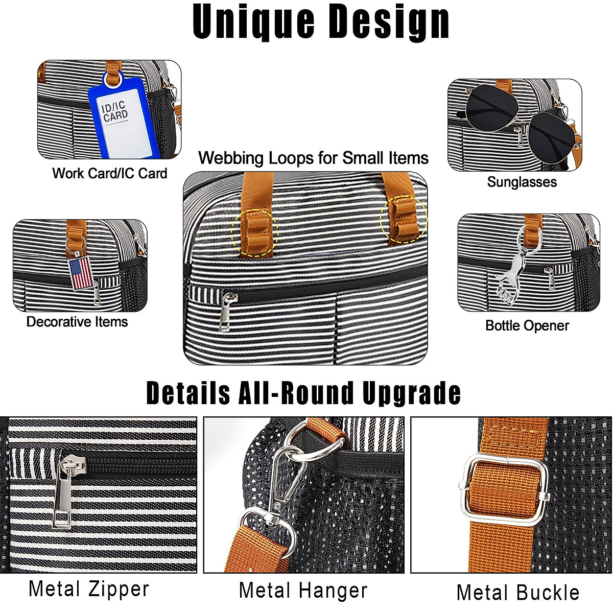 HSHPX Lunch Bag Women Insulated Adult Lunch Box Large Reusable Lunch Tote with Webbing Loop Cute Portable Lunch Cooler with Adjustable Shoulder Strap for Work Office Picnic (Stripe)