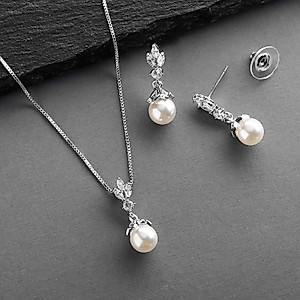 Mariell Ivory Pearl Necklace and Drop Earrings Bridal and Wedding Jewelry Set for Women, Brides, Bridesmaids or Mother of The Bride, Platinum Plating, Perfect Jewelry Gift for Women