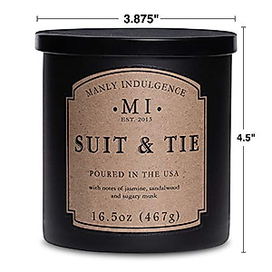 Manly Indulgence Suit & Tie Scented Jar Candle, Cotton Wick, Premium Soy Blend White Wax, 60 hr Burn, Matte Black Jar Candle for Home and Men, 16.5 oz - USA Poured