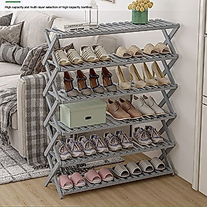6-Tier Foldable Bamboo Shoe Organizer Rack, Bamboo Stackable Shoe Shelf Storage Organizer, Shoe Rack Household Shelves Multifunctional Storage Free Standing Shoe Shelf Grey