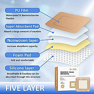 Dr. Med Silicone Foam Dressing with Gentle Adhesive Border 4"x4", 10 Individual Pack, Painless Removal High Absorbency Bed Sore Wound Bandage, for Pressure Sore, Diabetic Ulcer, Leg Ulcer and Burns