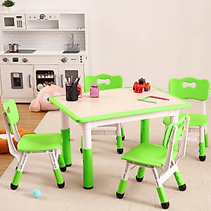 GarveeHome Kids Table and 4 Chairs Set, Toddler Height Adjustable Desk with Graffiti Desktop, Non-Slip Legs, Max 300lbs,Arts & Crafts Table，Children Multi-Activity Table for Classrooms,Home,Daycares