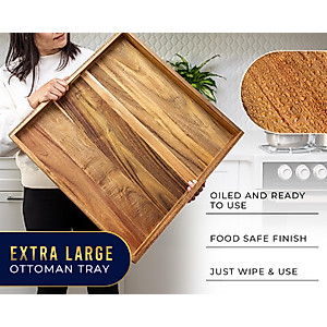 Extra Large (22") Square Premium Acacia Wood Ottoman Tray with Handles - Use for Serving Food in Style for Dinner, Breakfast, Snacks, BBQ, Entertaining Guests & More