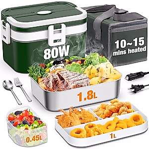 Electric Heated Lunch Boxes Adults,80W Faster Food Warmer, Lonchera Eléctrica Portátil 1.8L +1L Double Layer Leak-Proof Heated Lunchbox for Car/Truck/Office/Home With Fork & Spoon&Bag&0.45L Fruit Box