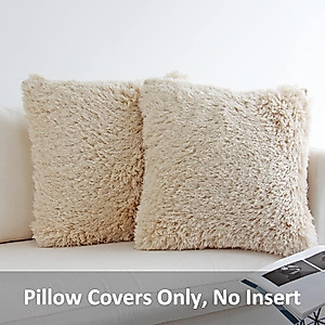JOJUSIS Fluffy Decorative Throw Pillows Covers 18x18 Inch Luxury Soft Faux Fur Fleece Cushion Cover Pillowcase Pack of 2 Beige