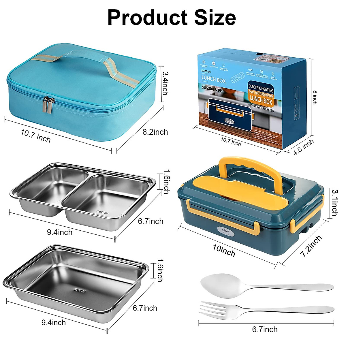 Electric Lunch Box Food Heater, 3 in 1 Food Warmer 12V 24V 110V Portable Heated Lunch Boxes for Car/Truck/Home Self Heating Box with 2 Removable 304 Stainless Steel Container, Fork & Spoon and Carry