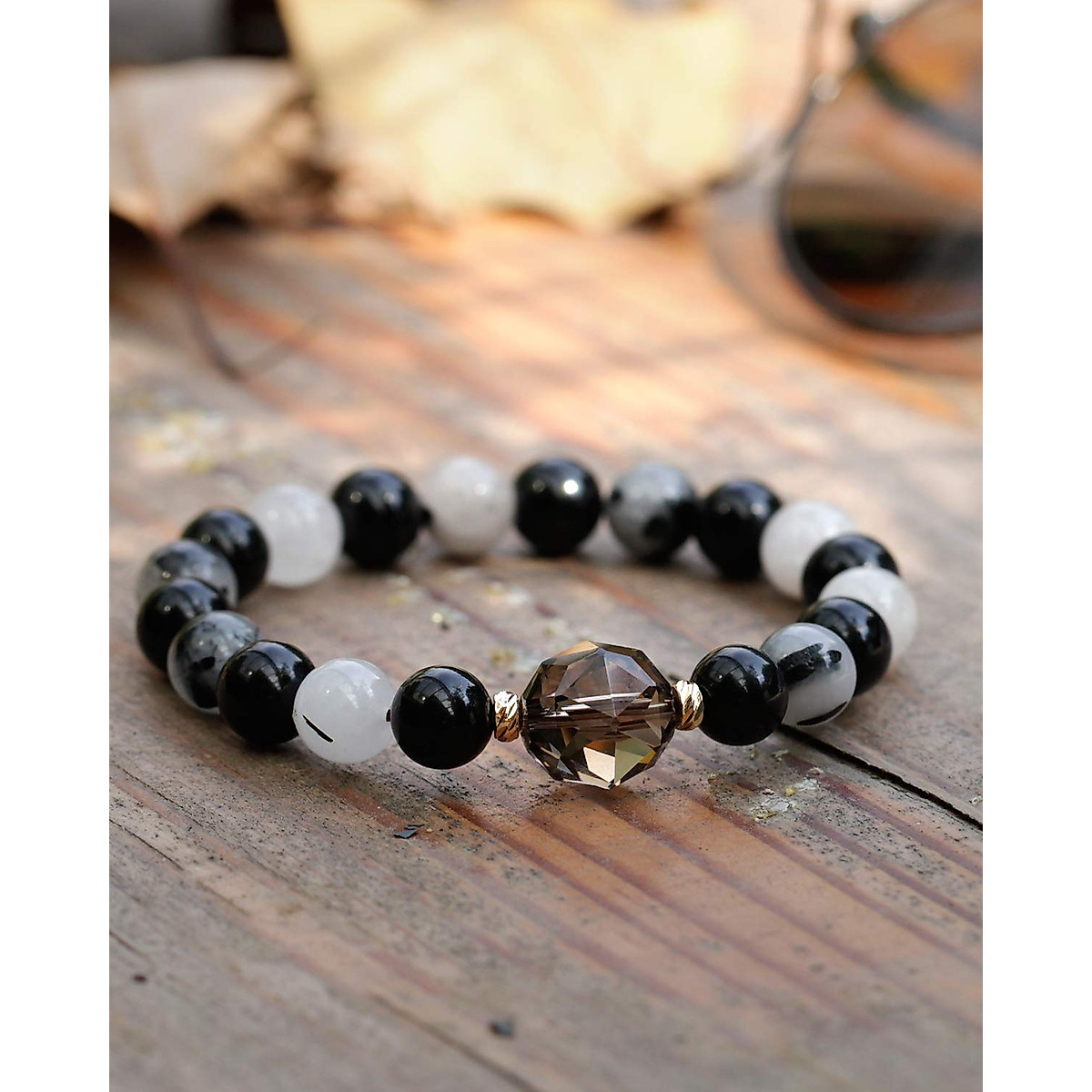 Jewever Triple Protection Bracelets Healing Energy Crystals Stones wealth bracelet for Women(Black Rutilated Quartz/Smoky Quartz/Obsidian 8mm)