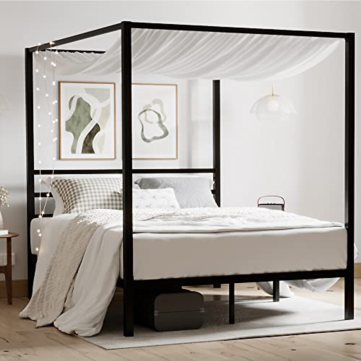 ikalido Queen Size Metal Canopy Bed Frame, Modern Four-Poster Platform Bed Frame, Mattress Foundation with Wood Slat Support/Under-Bed Storage Space/No Box Spring Needed/Black