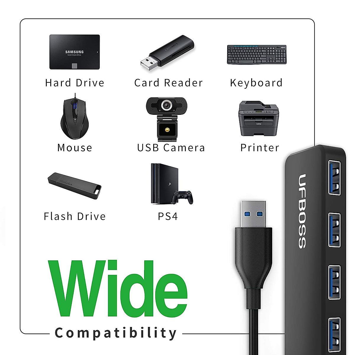 UFBOSS 4 Port USB 3.0 Hub, USB Hub for Laptop USB 3.0 Splitter with 1 Ft Long Cable