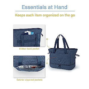 BAGSMART Weekender Overnight Bag 39L Large Travel Duffle Bag for Women, Quilted Cotton Sports Gym Bag with Shoe Compartment, Carry-on Bag with Multiple Pockets, Machine Washable(Navy Blue)