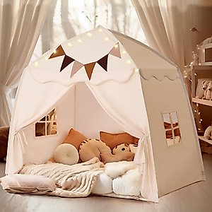 Large Kids Play Tent with Flags & Star Lights, Portable & Foldable Teepee, Bed Tent Bed Canopy for Boys & Girls, Indoor Outdoor Dome Tent Playhouse, Kids Birthday Gift, 51x39x51 in