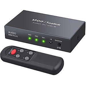 LiNKFOR Digital Toslink Optical 3x1 Switch with 3ft Optical Cable and IR Remote Control Aluminum Alloy Digital Audio SPDIF Toslink Optical Fiber Switcher 3 in 1 Out for PS3 Xbox Blue-Ray DVD HDTV