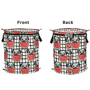 DOMIKING Cute Pug Eating Watermelon Popup Laundry Hamper with Zipper Lid Collapsible Laundry Basket Portable Laundry Bin for Kids Room Travel College Dorm