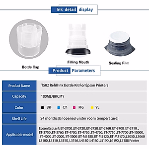 DLMELHOR Compatible for Epson 502 Refill Ink Bottle Kit T502 Premium Ink for EcoTank ET-2720 ET-2800 ET-2760 ET-2803 ET-4700 ET-3760 ET-15000 Printers 2xBlack, Cyan, Magenta, Yellow,5-Bottles 100ML